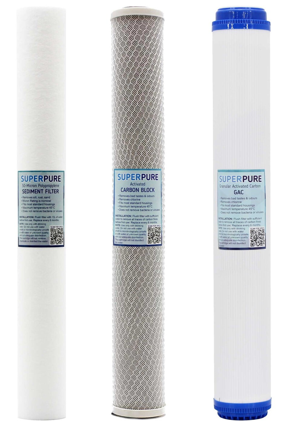 SUPERPURE 20inch Slimline Filter Set - Sediment, Carbon, GAC Replacement